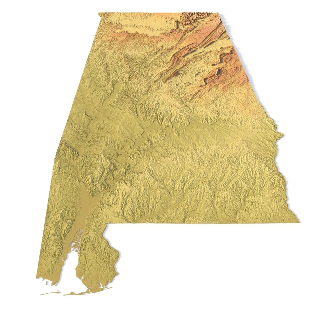 State of Alabama terrain 3D Print model | 3D Models and 3D Maps
